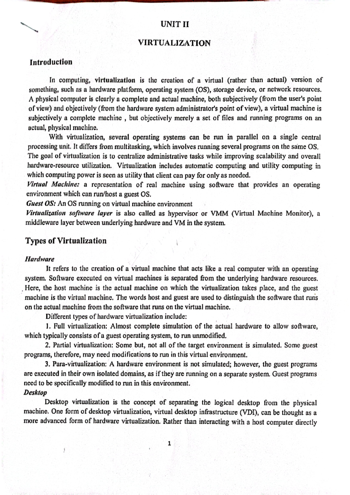 UNIT II: Comprehensive Notes on Virtualization Techniques - Studocu