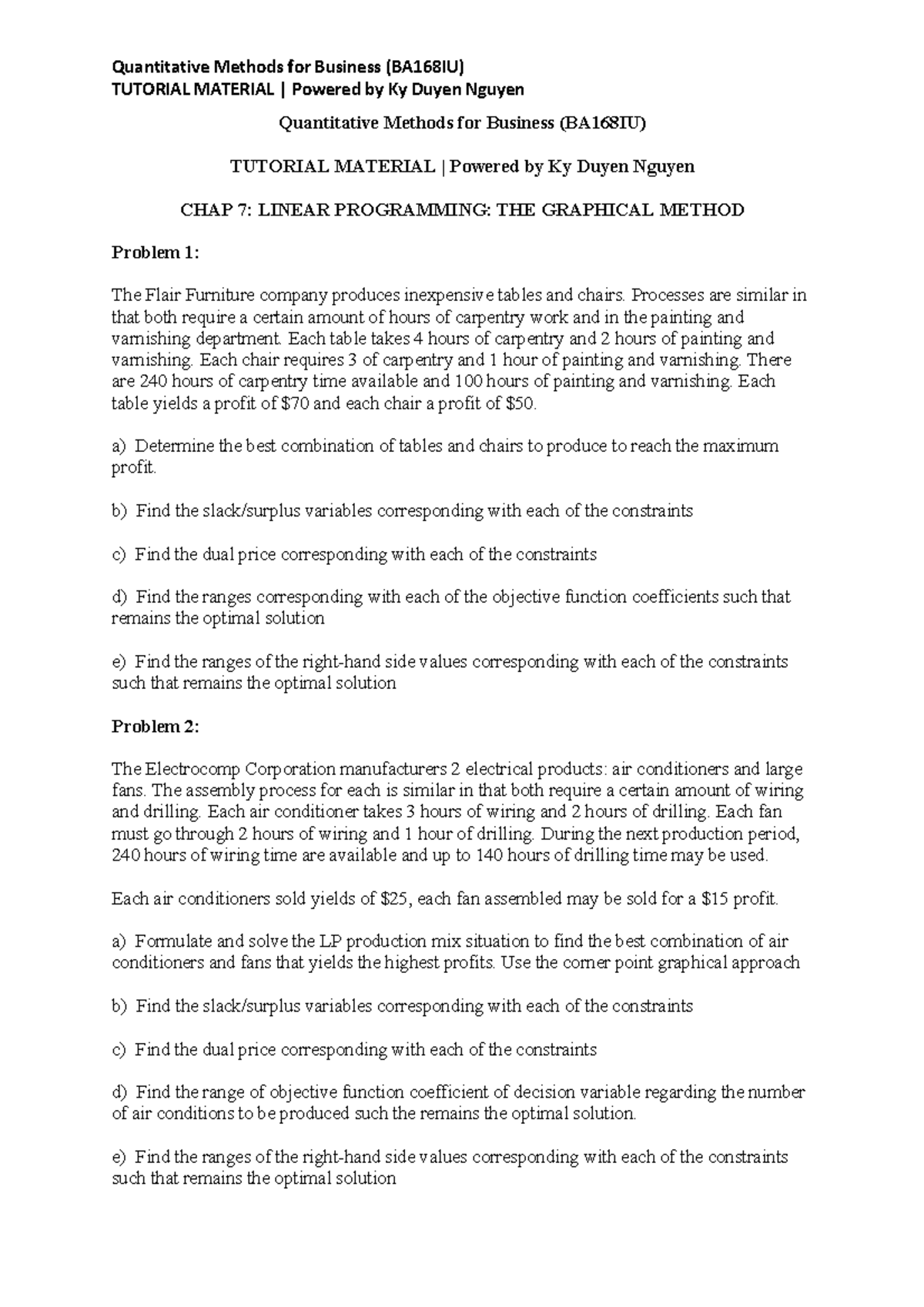 CHAP 7 Linear Programming - TUTORIAL MATERIAL | Powered by Ky Duyen ...