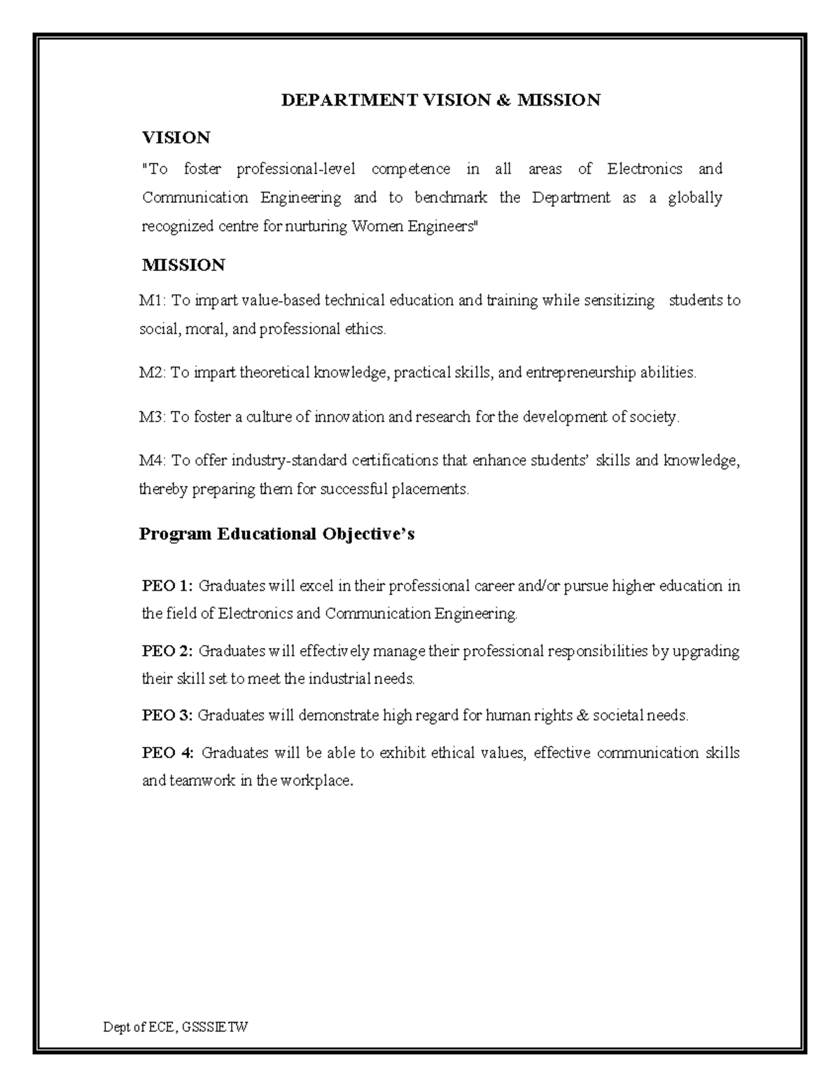 DEPARTMENT VISION & MISSION: ECE Program Overview (Esd4) - Studocu