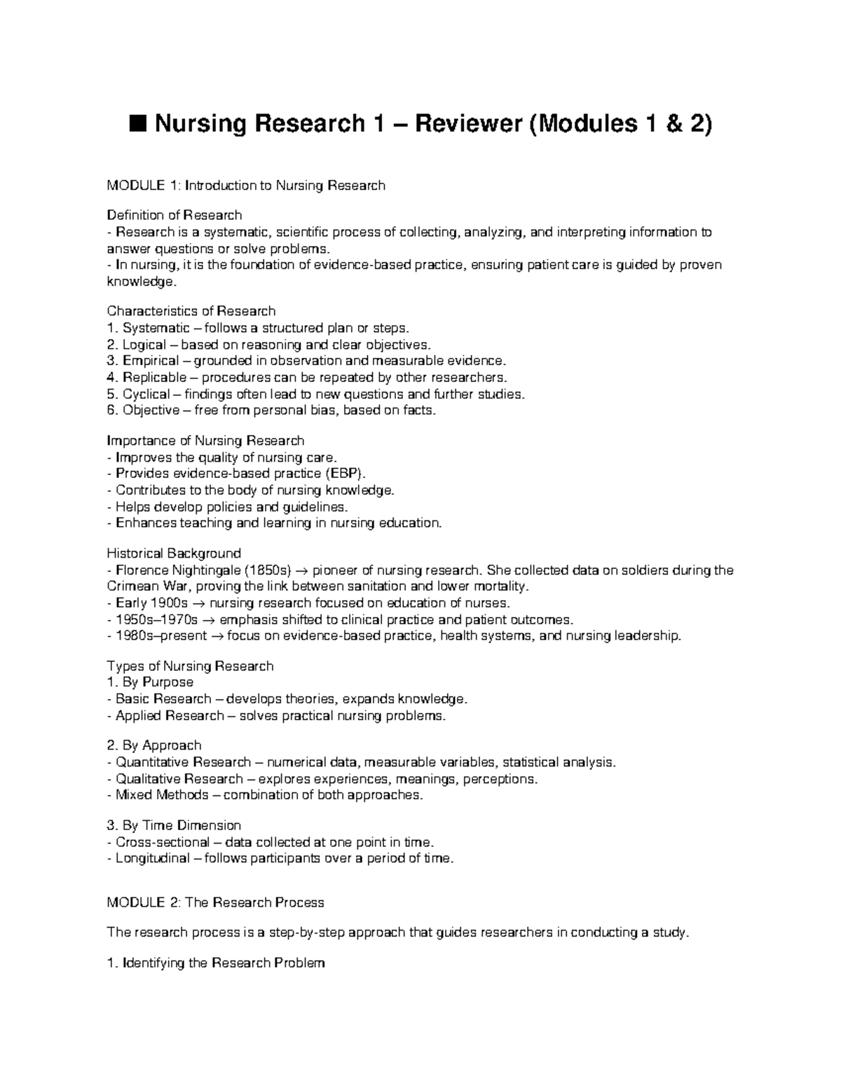 Nursing Research 1 Reviewer: Modules 1 & 2 Overview - Studocu