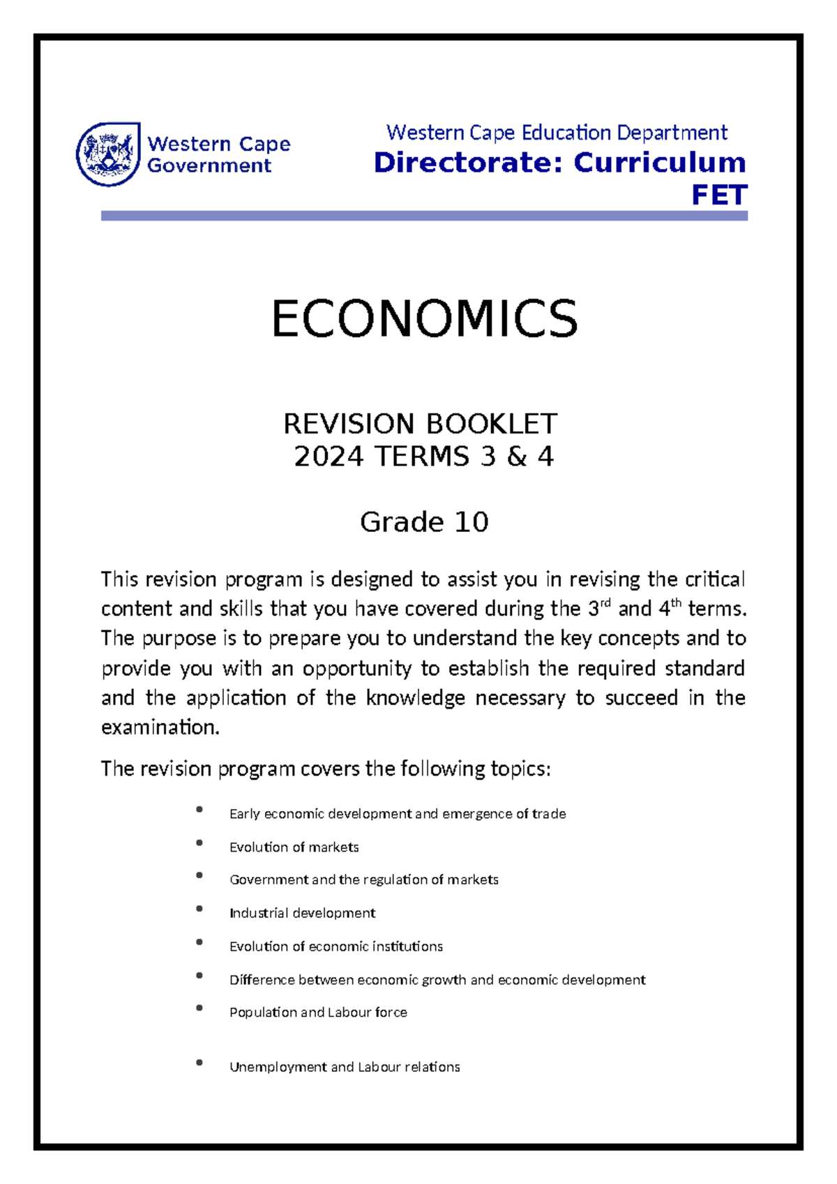 Grade 10 Economics Revision Booklet for Terms 3 & 4 (2024) - Studocu