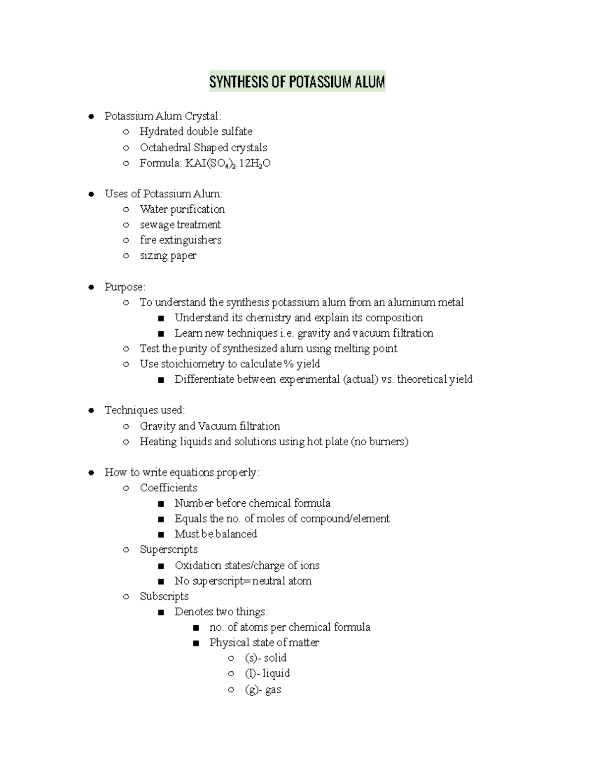 CHEM102L - Final Lab Report on Potassium Alum Synthesis - Studocu