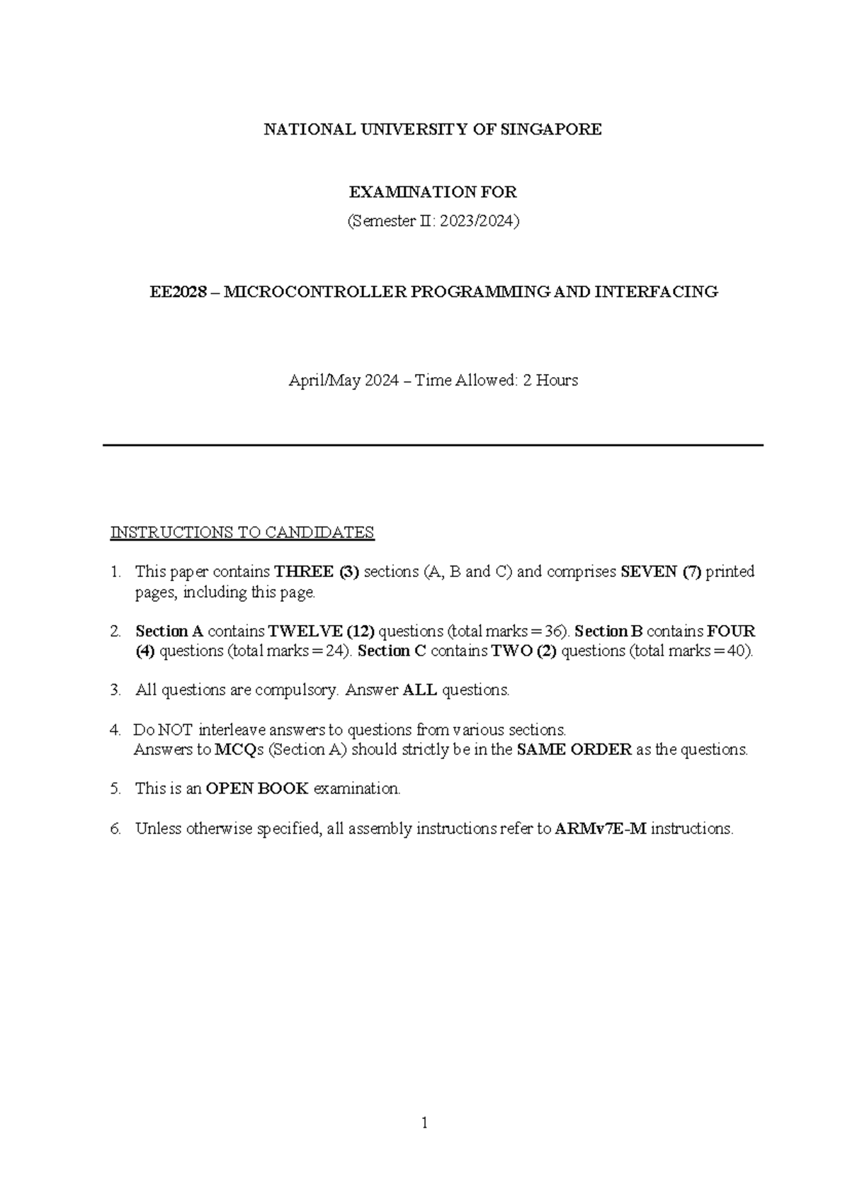 EE2028 AY202324 Sem2 Final Exam Paper: Microcontroller Programming & Interfacing - Studocu