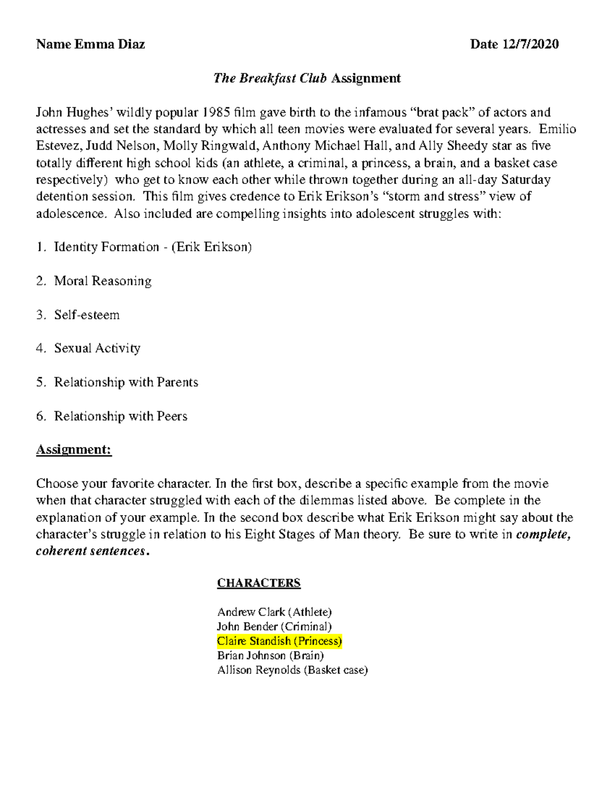 Emma Diaz - The Breakfast Club Assignment Analysis & Insights - Studocu