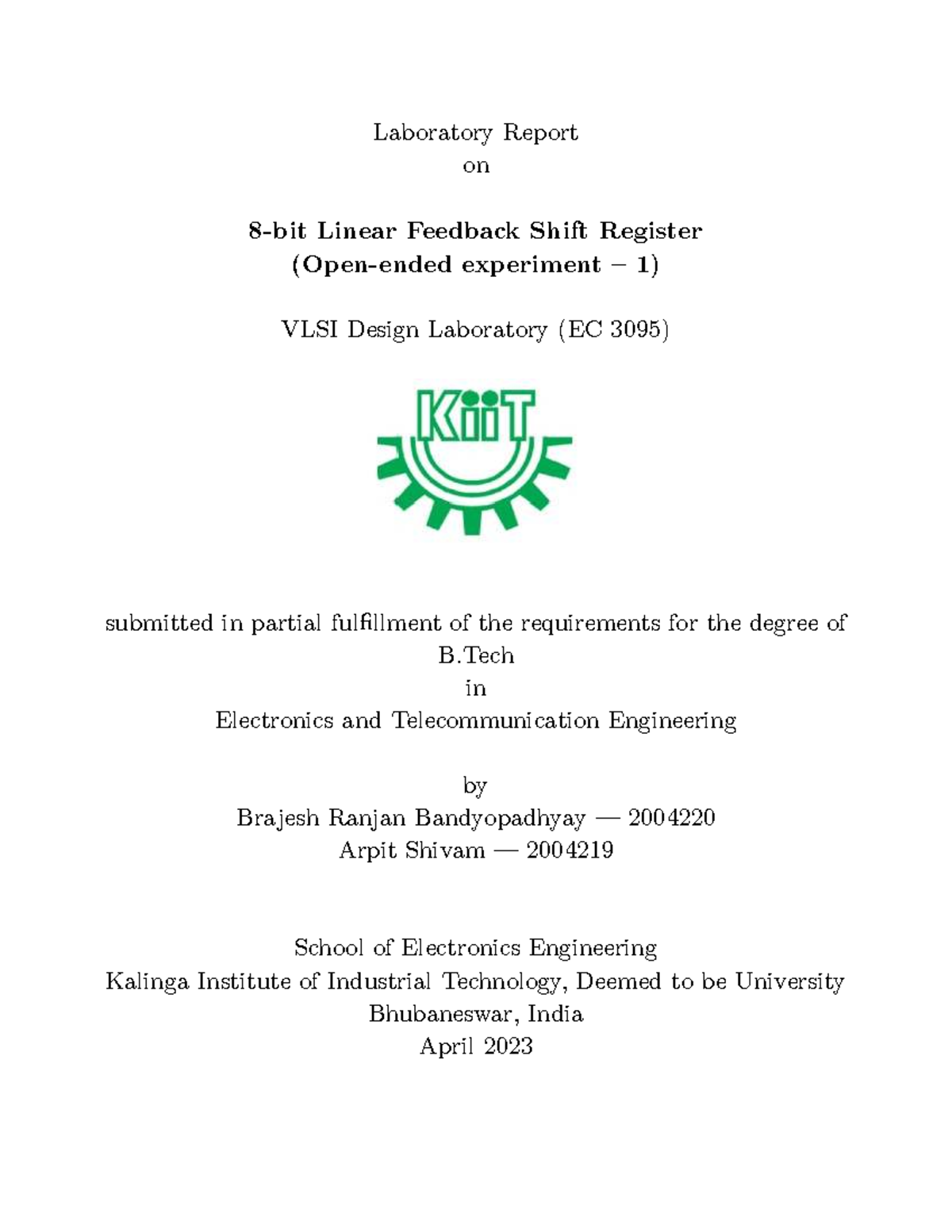 Laboratory Report on LFSR Implementation - VLSI Design (EC 3095) - Studocu