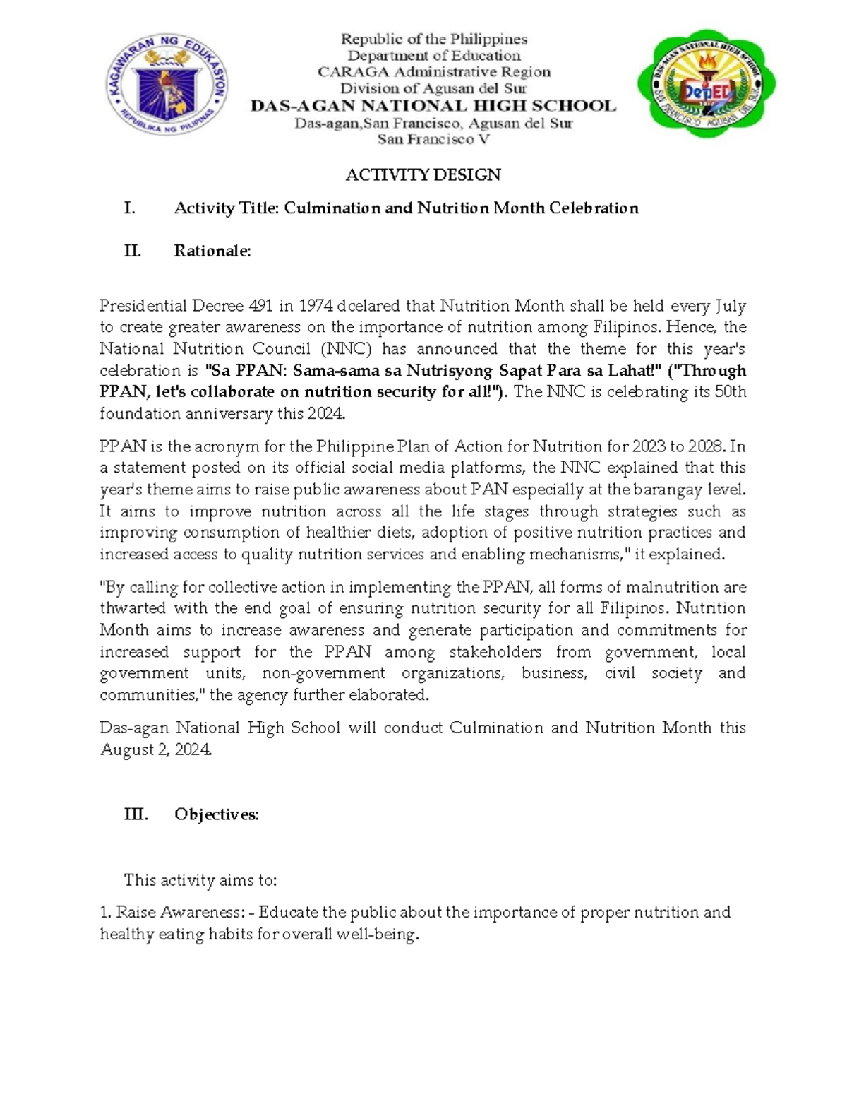 Activity Design: Culmination for Nutrition Month Celebration 2024 - Studocu