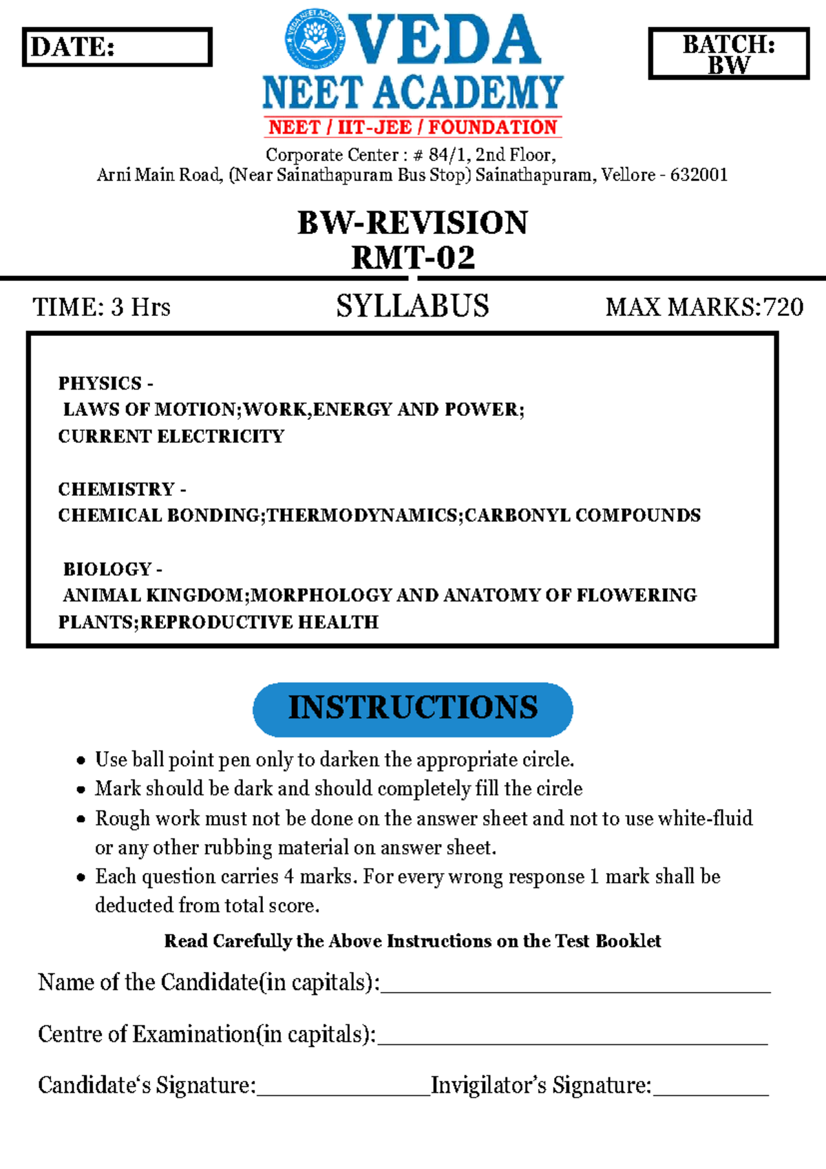 RMT-02 QP - Important Questions on Physics, Chemistry, and Biology ...