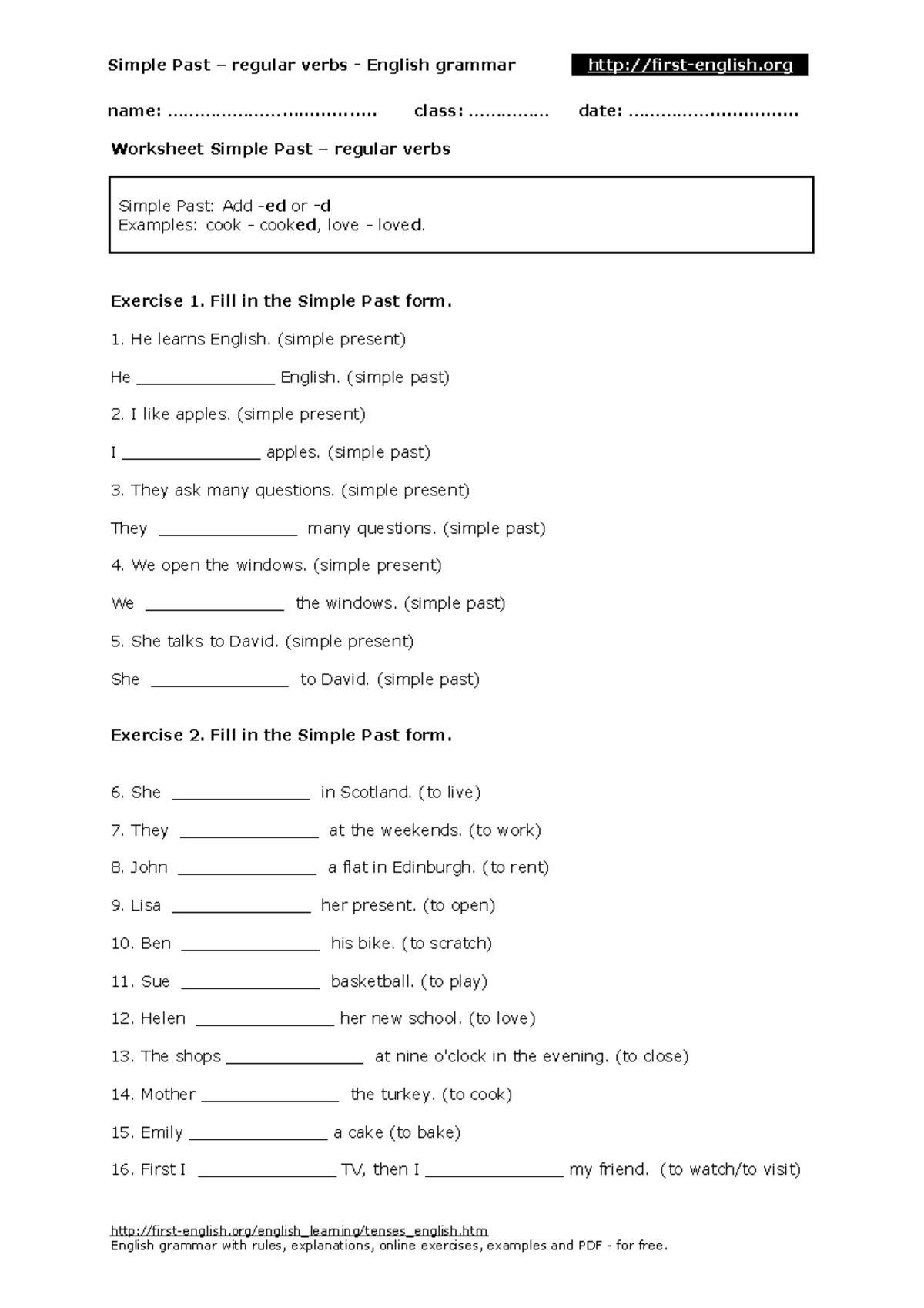 Simple Past Regular Verbs Worksheet (ENG 101) - Studocu