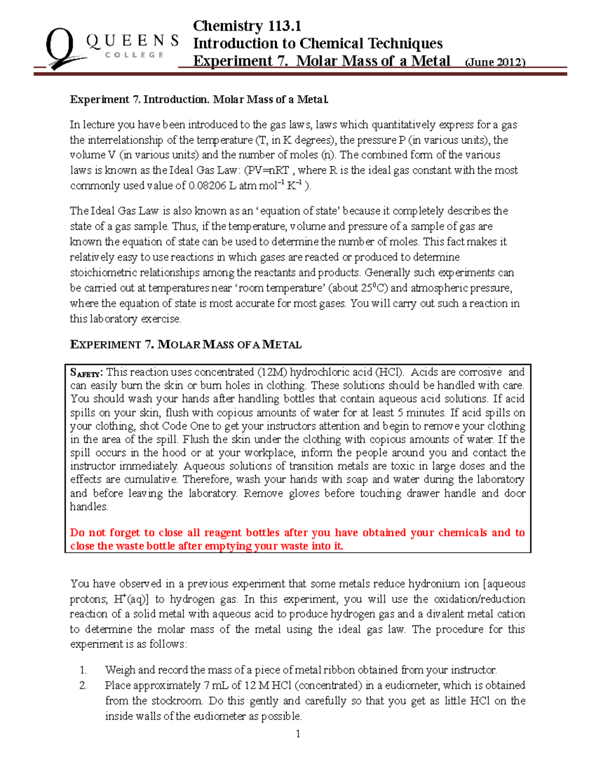 Experiments 7-10 CH 113 - Chemistry 113. Introduction to Chemical ...