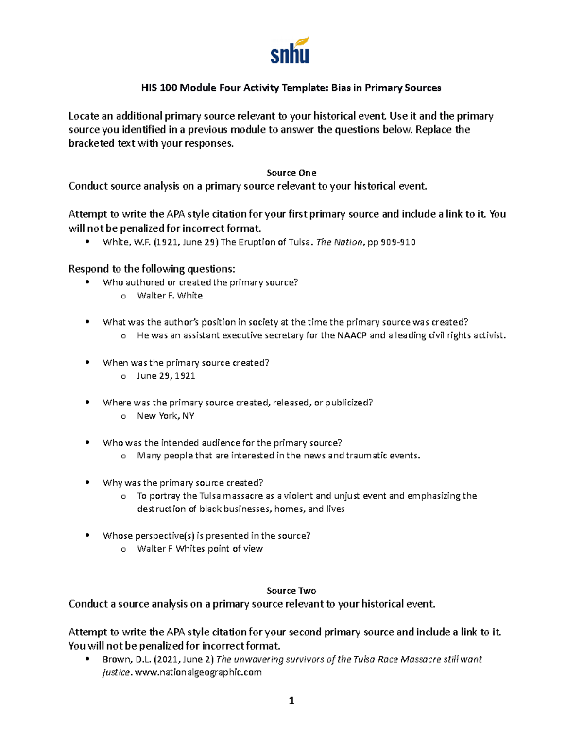 4-1 Activity Primary Sources - HIS 100 Module Four Activity Template: Bias in Primary Sources ...