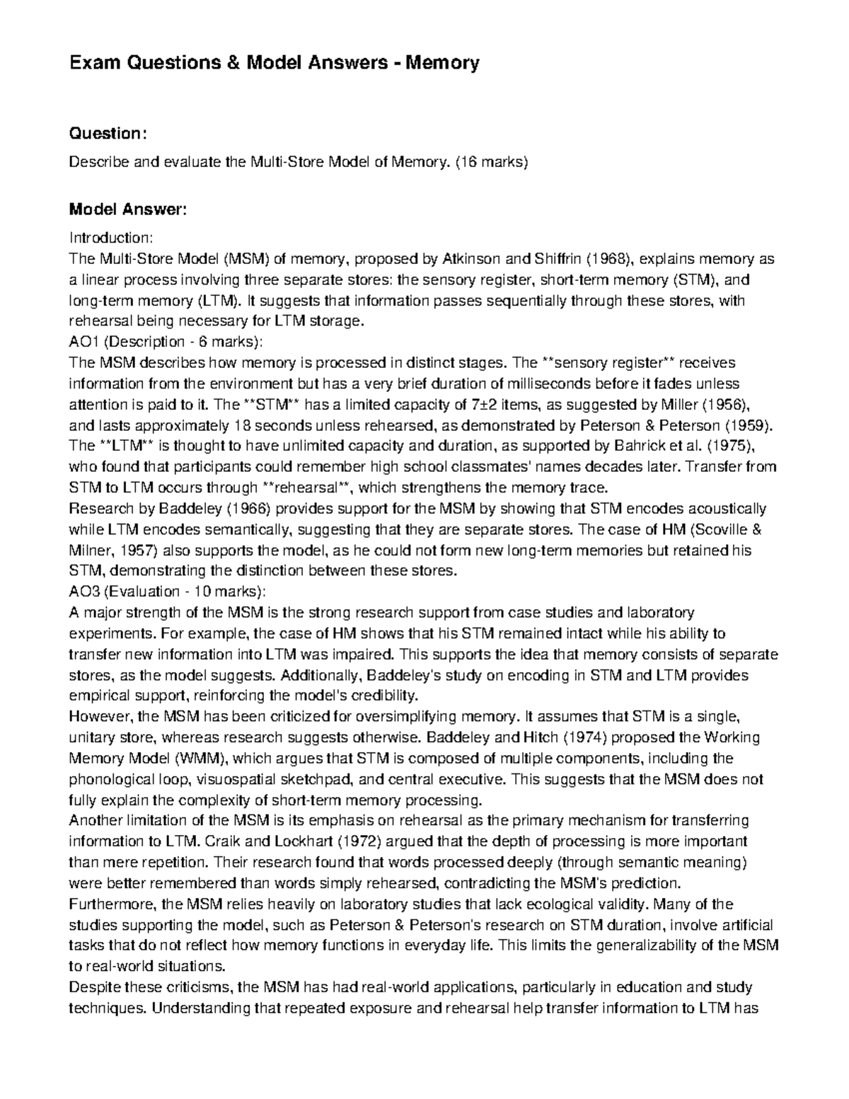 AQA A Level Psychology Exam: Multi-Store Model of Memory Analysis - Studocu