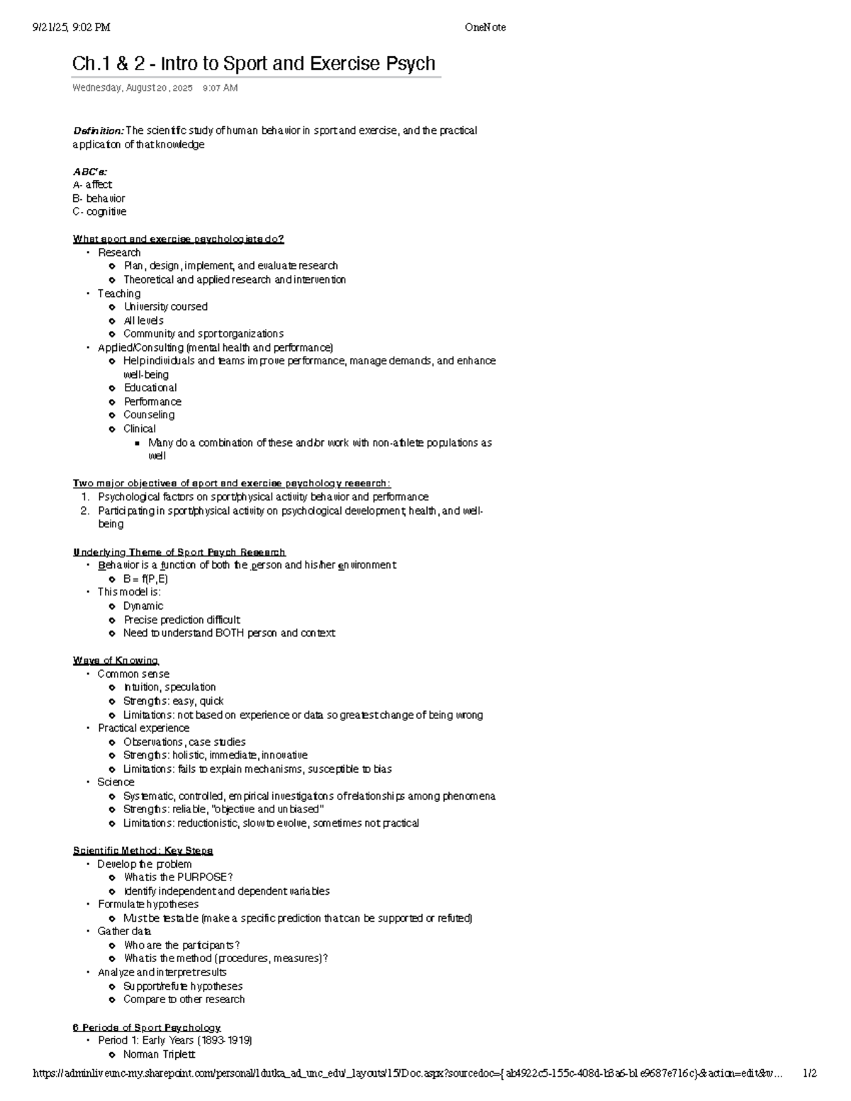 Sport and Exercise Psychology (Ch. 1-2): Key Concepts & History - Studocu