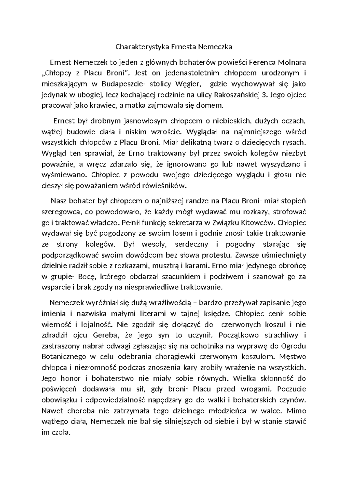 Charakterystyka Ernesta Nemeczka w "Chłopcach z Placu Broni" - Studocu