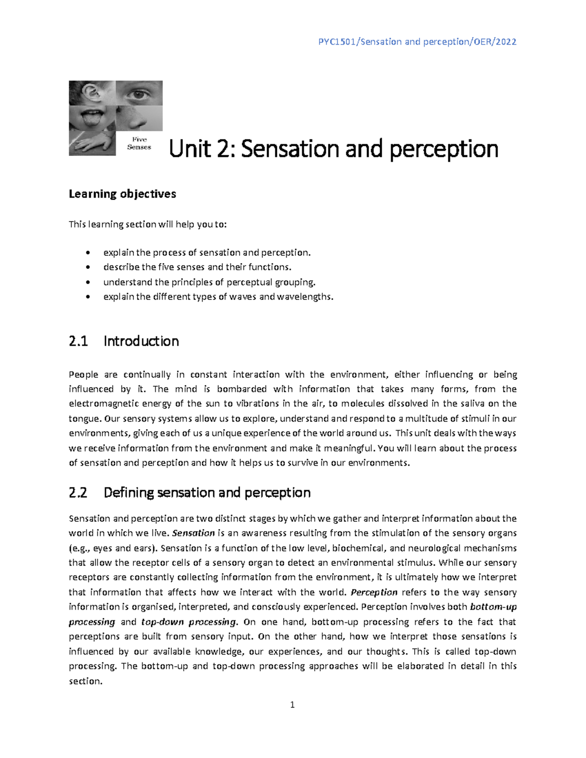 PYC1501 Unit 2: Sensation and Perception Overview and Key Concepts ...