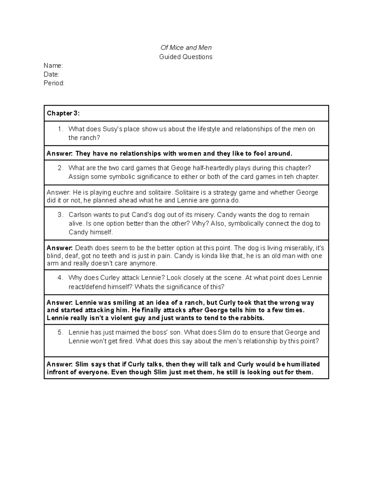 Of Mice and Men GQ Chapters 3-4 - Of Mice and Men Guided Questions Name ...