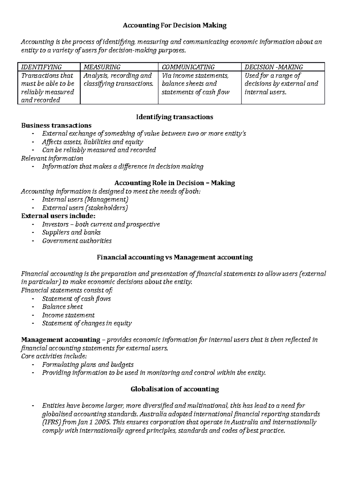 Accounting for Decision Making: Lecture Notes on Key Concepts (Lecs 1 ...