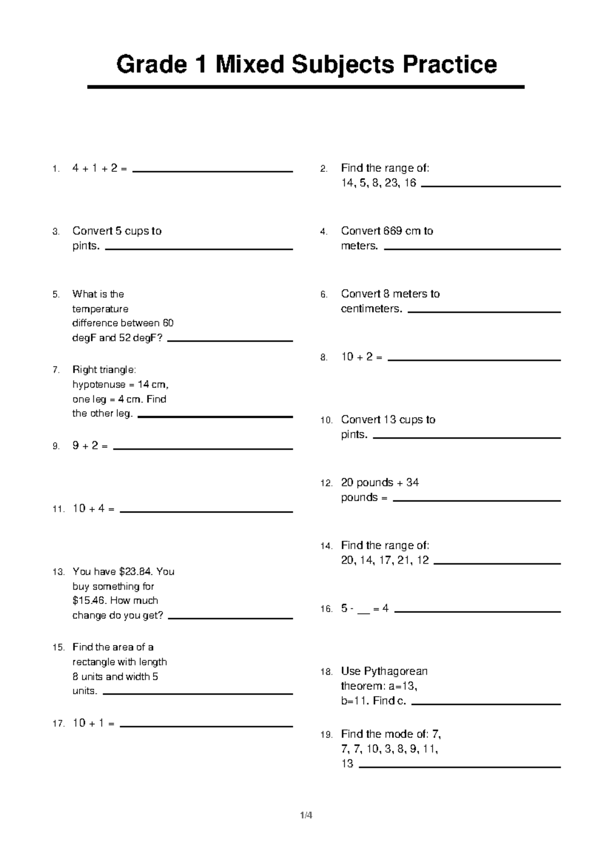 Grade 1 Mixed Subjects Practice 1: Math Skills Review - Studocu