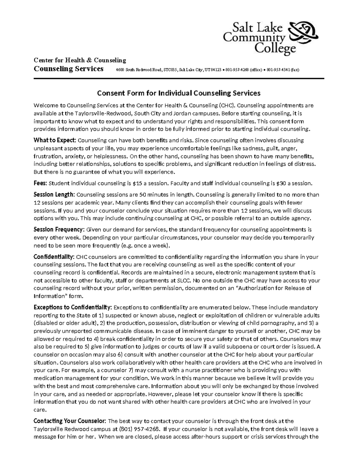 Counseling individual consent form - Center for Health & Counseling ...