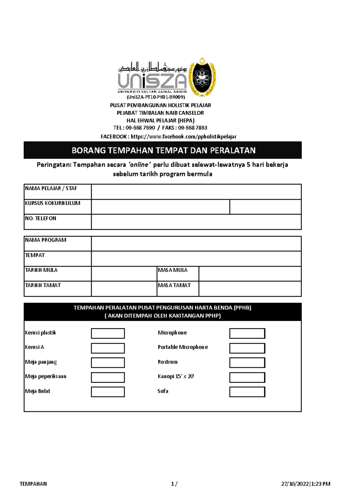 Borang Tempahan Tempat dan Peralatan HEPA Pusat Pembangunan Holistik ...