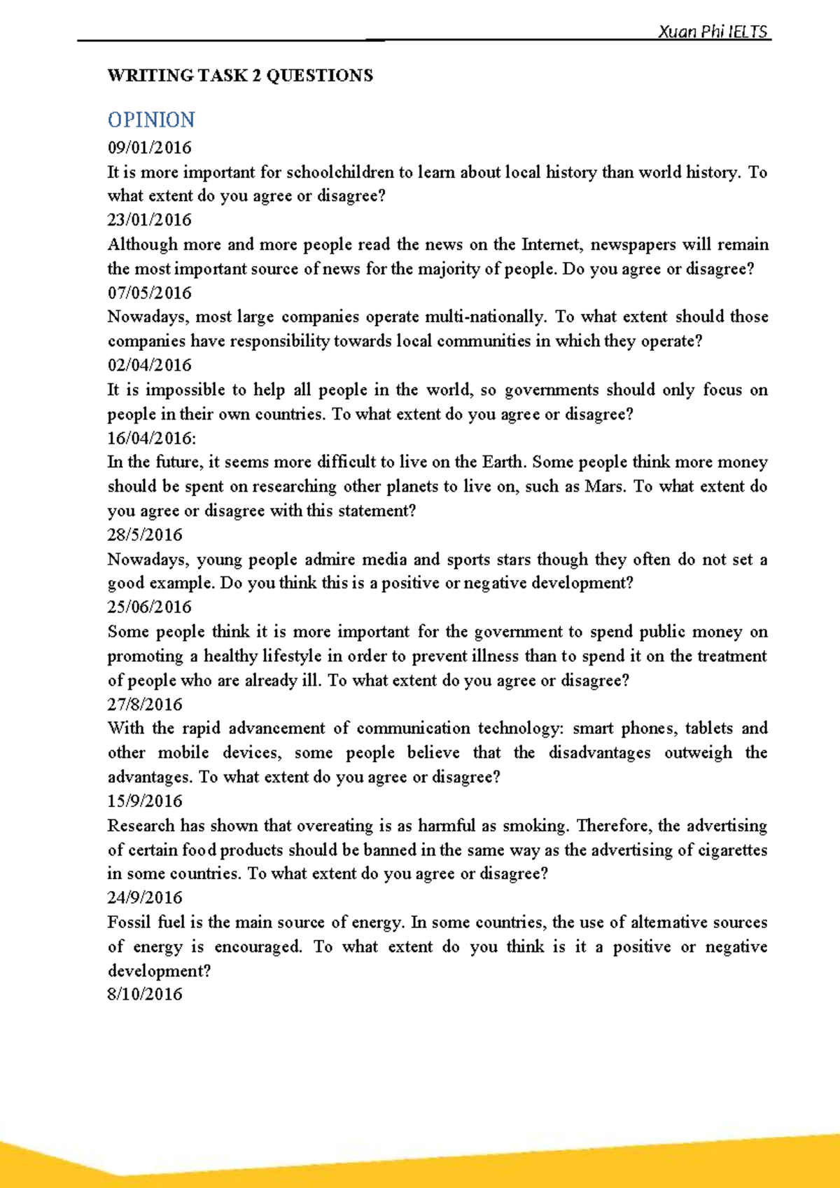 Xuan Phi IELTS Writing Task 2 Questions List for Opinion Essays - Studocu