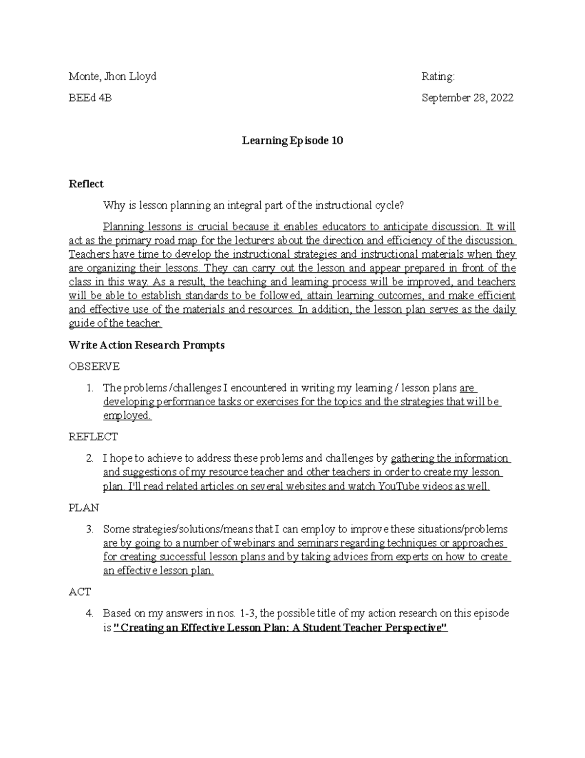 Creating an Effective Lesson Plan: Episode 10 for BEEd 4B - Studocu