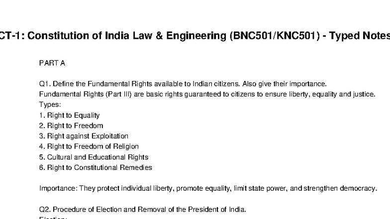 CT1 Constitution of India Law Engineering Notes: Fundamental Rights ...
