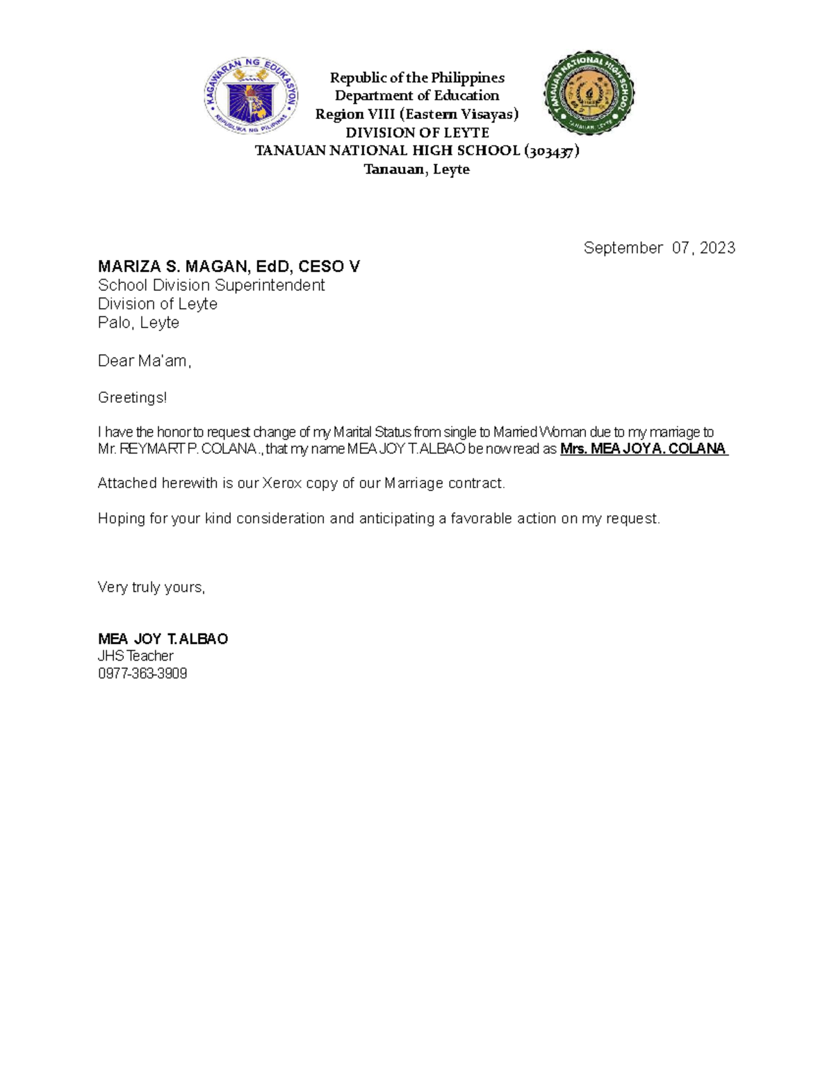 Change Status Letter Request - Republic of the Philippines Department ...