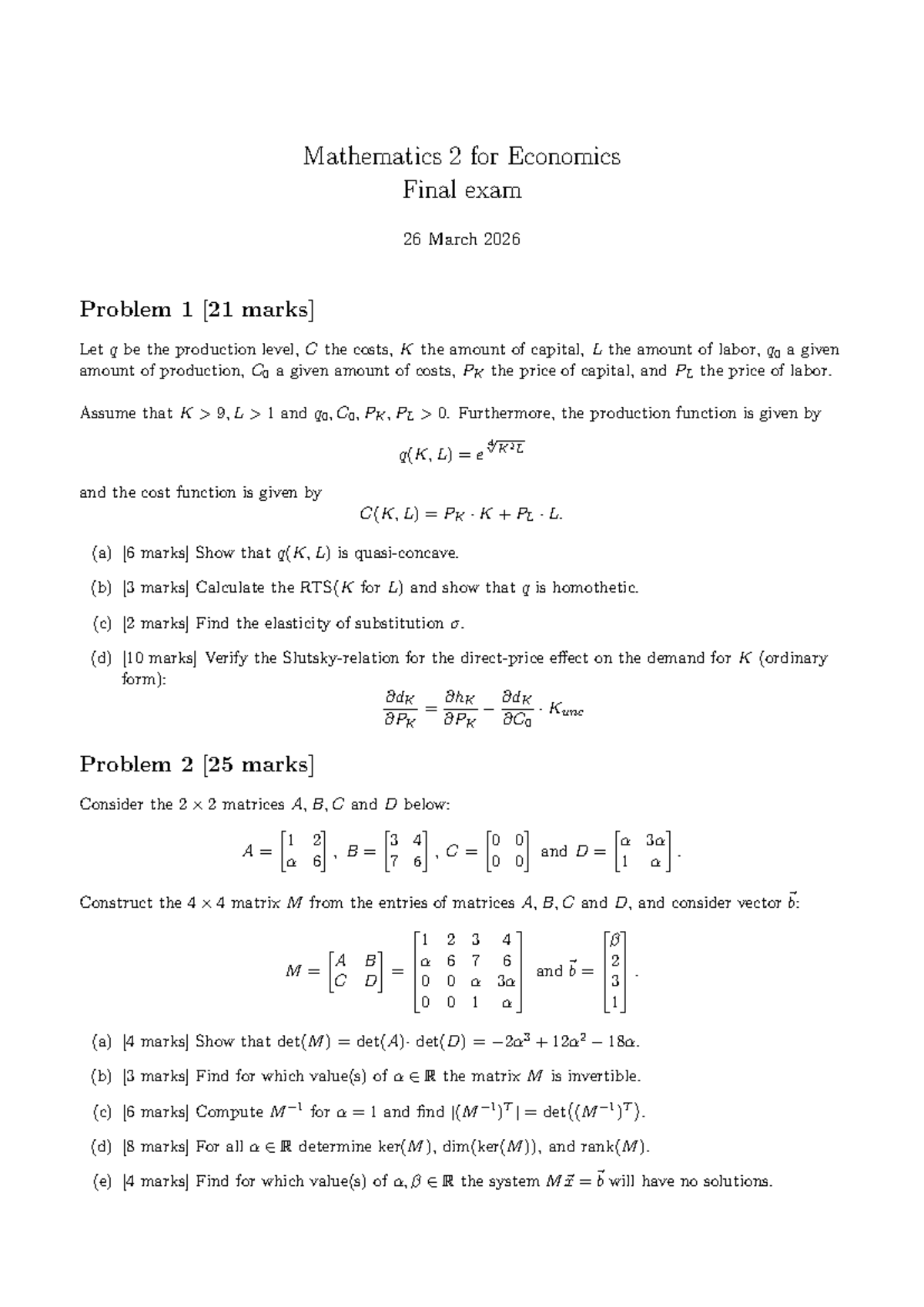 Mathematics 2 for Economics Final Exam Problems and Solutions 2026 ...