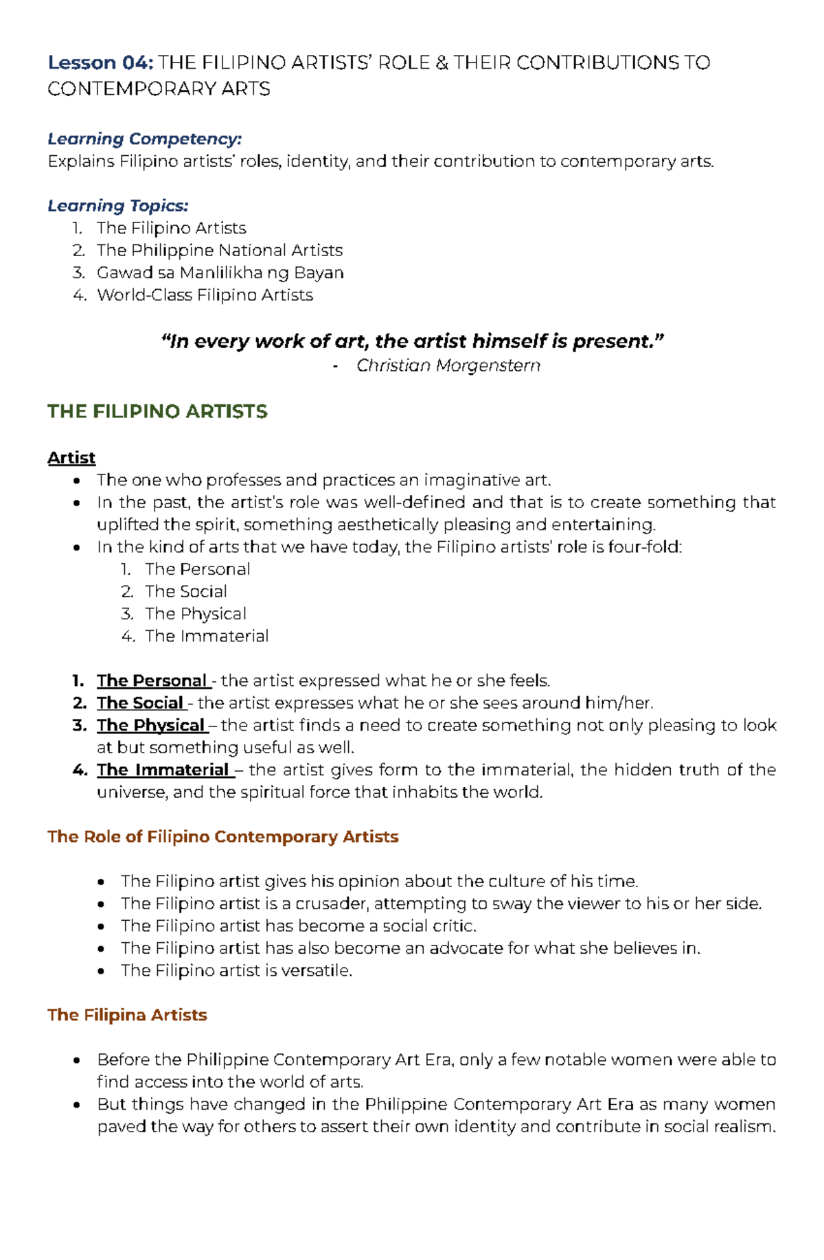 Lesson 04: The Filipino Role and Contributions to Contemporary Arts ...