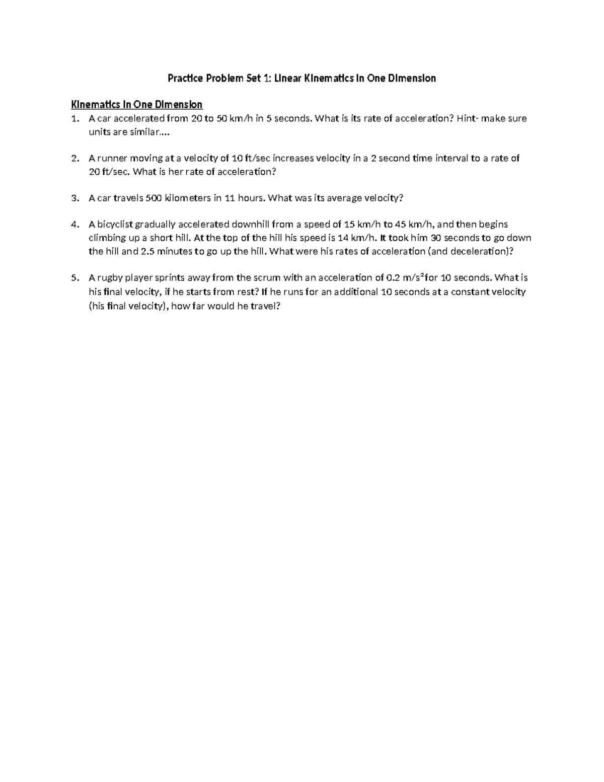 Problem Set 1- 1D Linear Kinematics - Practice Problem Set 1: Linear ...