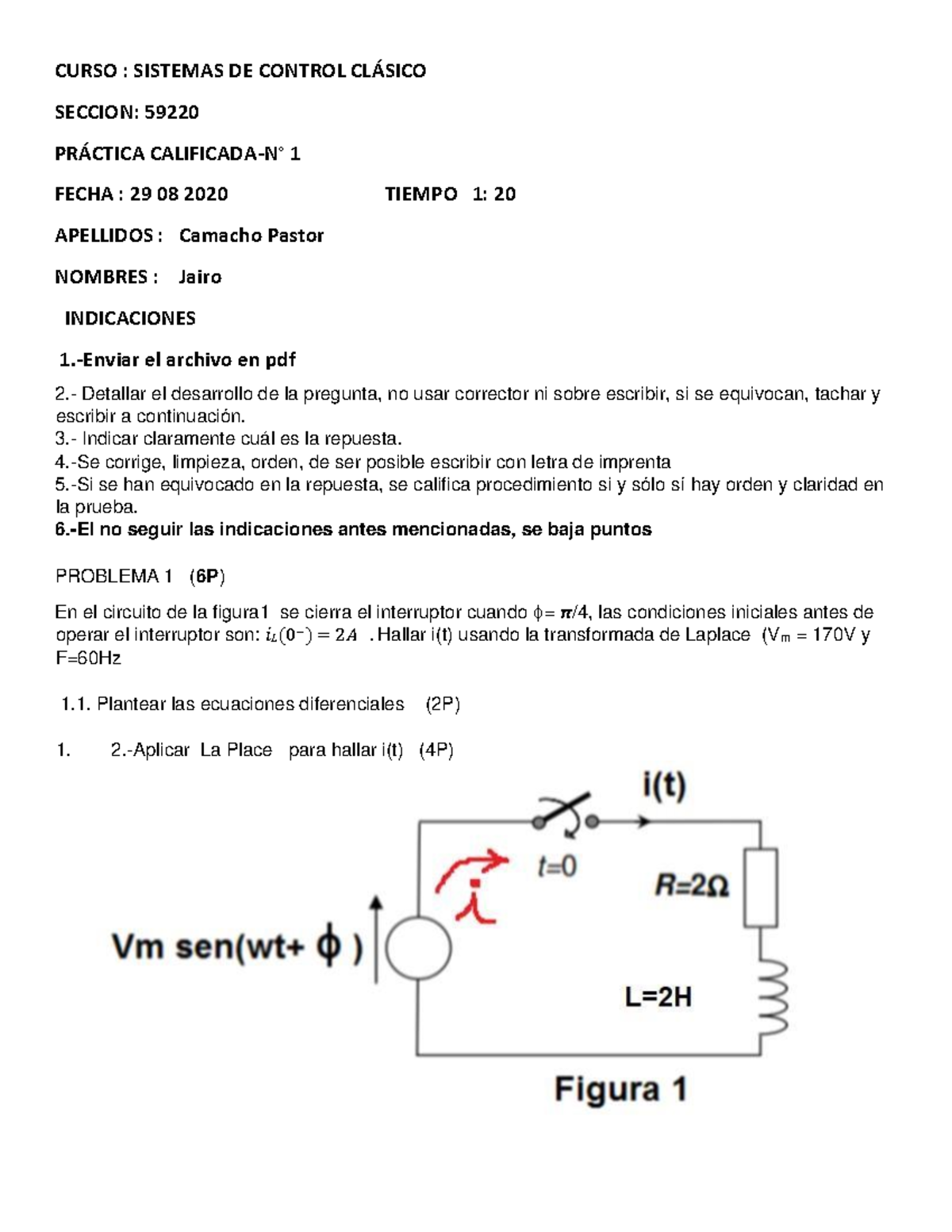 Pc1 - Practica calificada 1 de sistema de control clasico - CURSO ...
