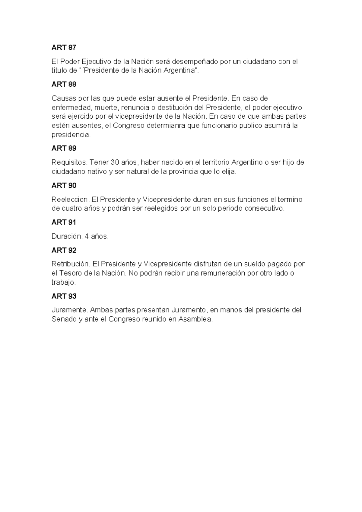 Unidad 9 Resumen Articulos - ART 87 El Poder Ejecutivo de la Nación ...