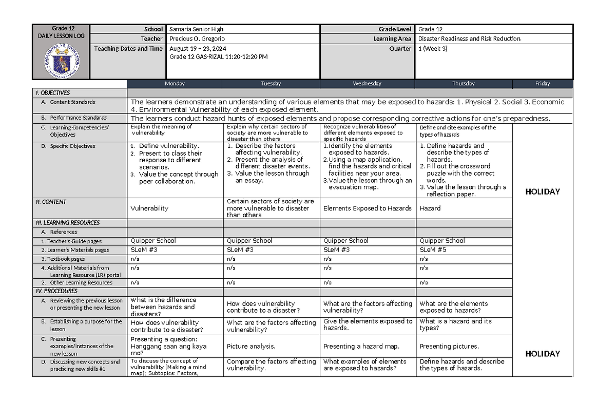 DRRR Q1 W3 Daily Lesson Log: Vulnerability & Hazards (Aug 2024) - Studocu