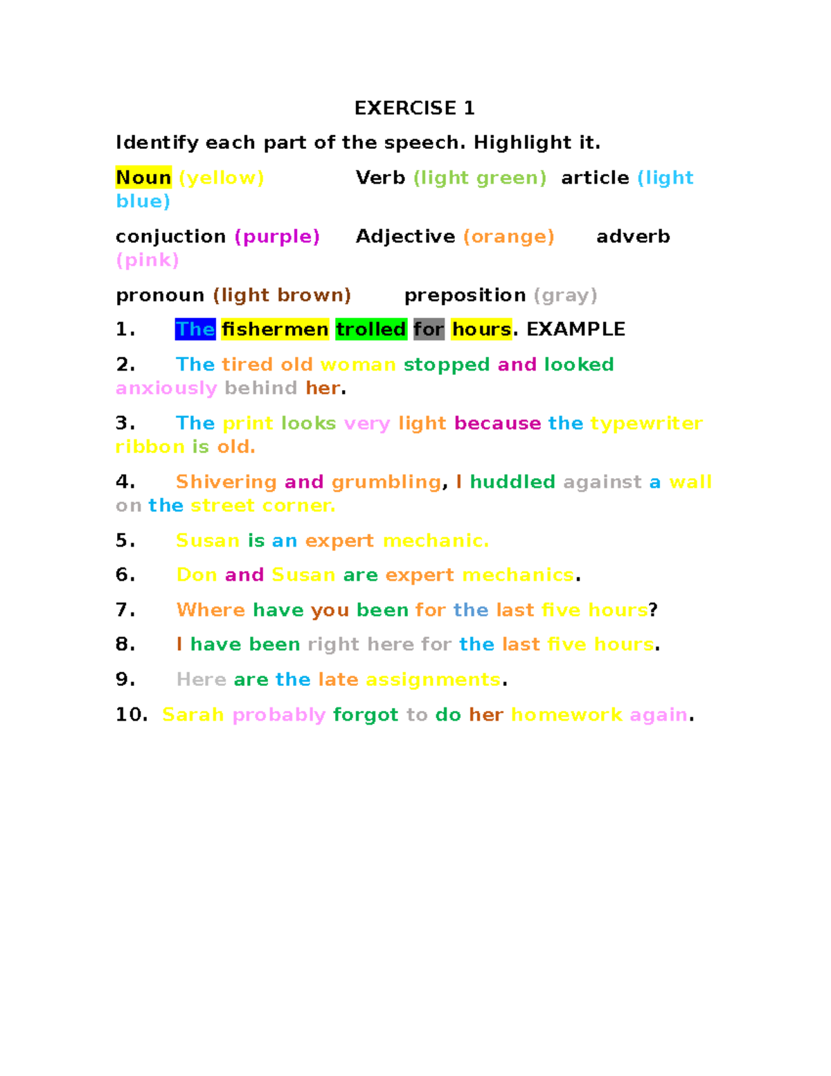 Exercise 1: Identifying Parts of Speech in Sentences - Studocu