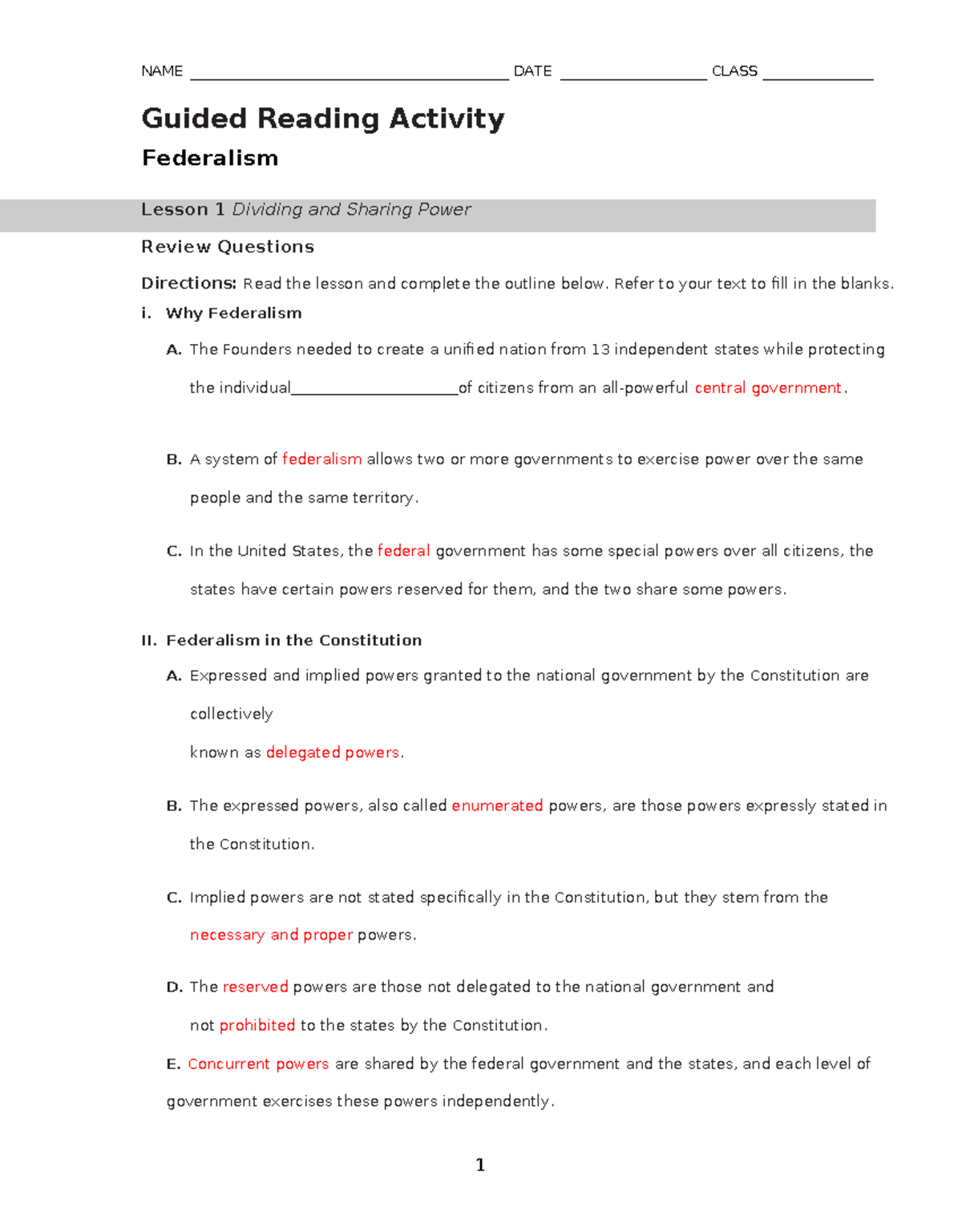 Guided Reading Activity: Federalism (Chapter 4, Lesson 1) - Studocu