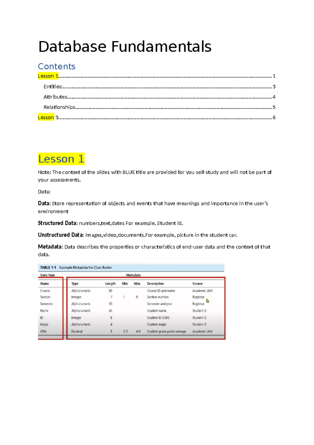Data Base Fundamentals - Database Fundamentals Contents Lesson - Studocu
