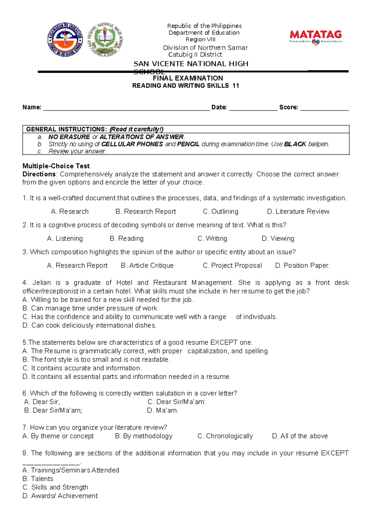 FINAL EXAM - READING AND WRITING SKILLS 11 Sample Exam Questions - Studocu
