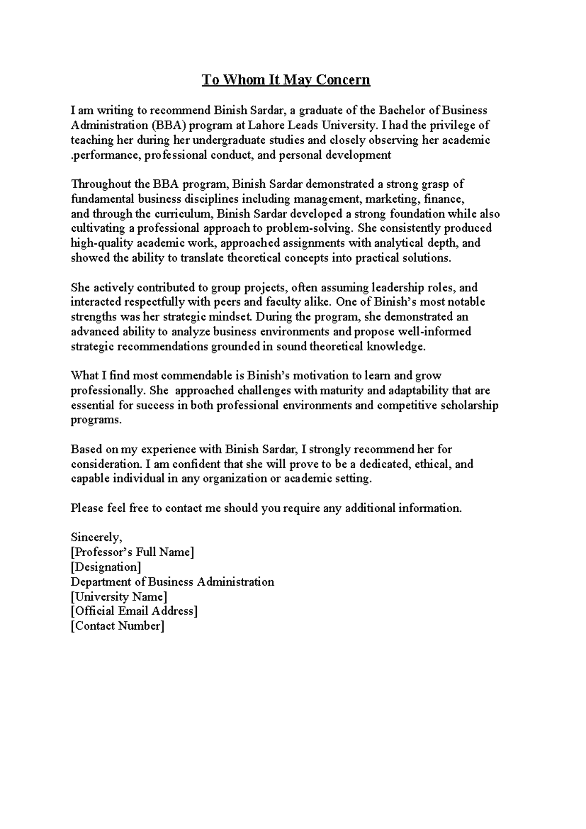 BBA Recommendation Letter for Binish Sardar - Studocu