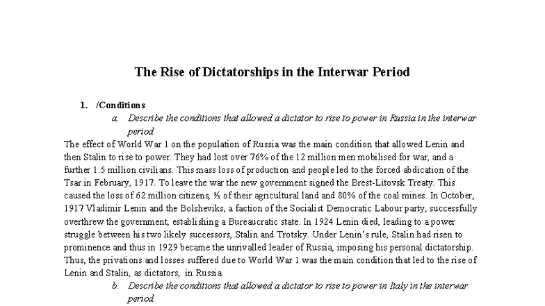 The Rise of Dictatorships in the Interwar Period: A Study Guide - Studocu