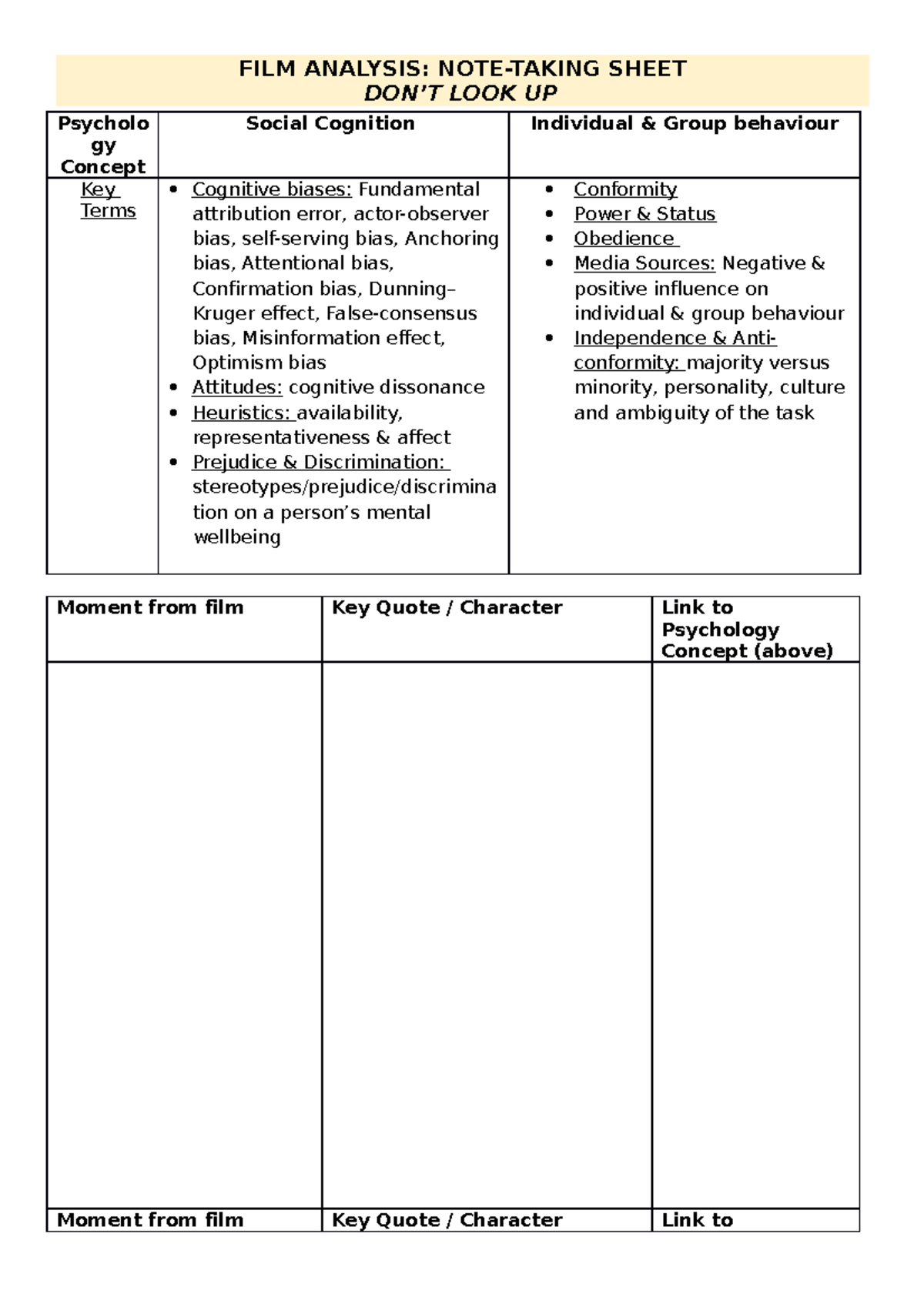 Don't Look Up Film Analysis Worksheet: Key Psychological Concepts - Studocu