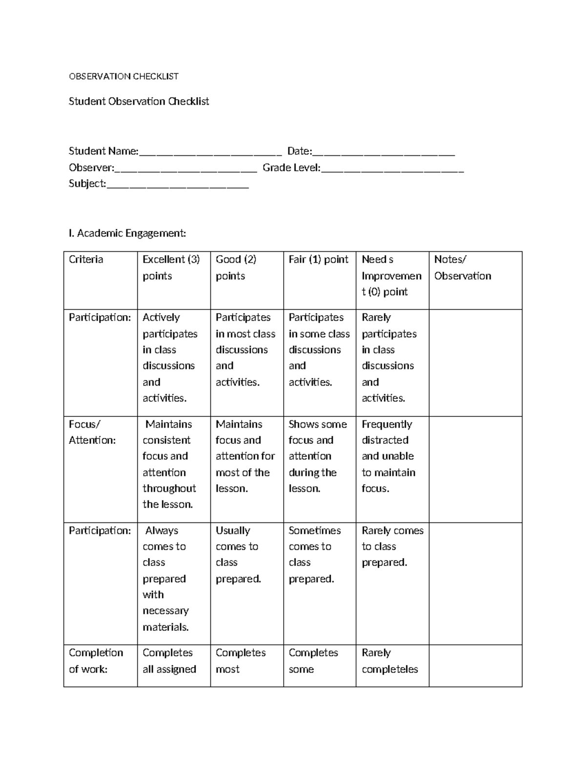 Student Observation Checklist for Grade I - Assessment Tools - Studocu