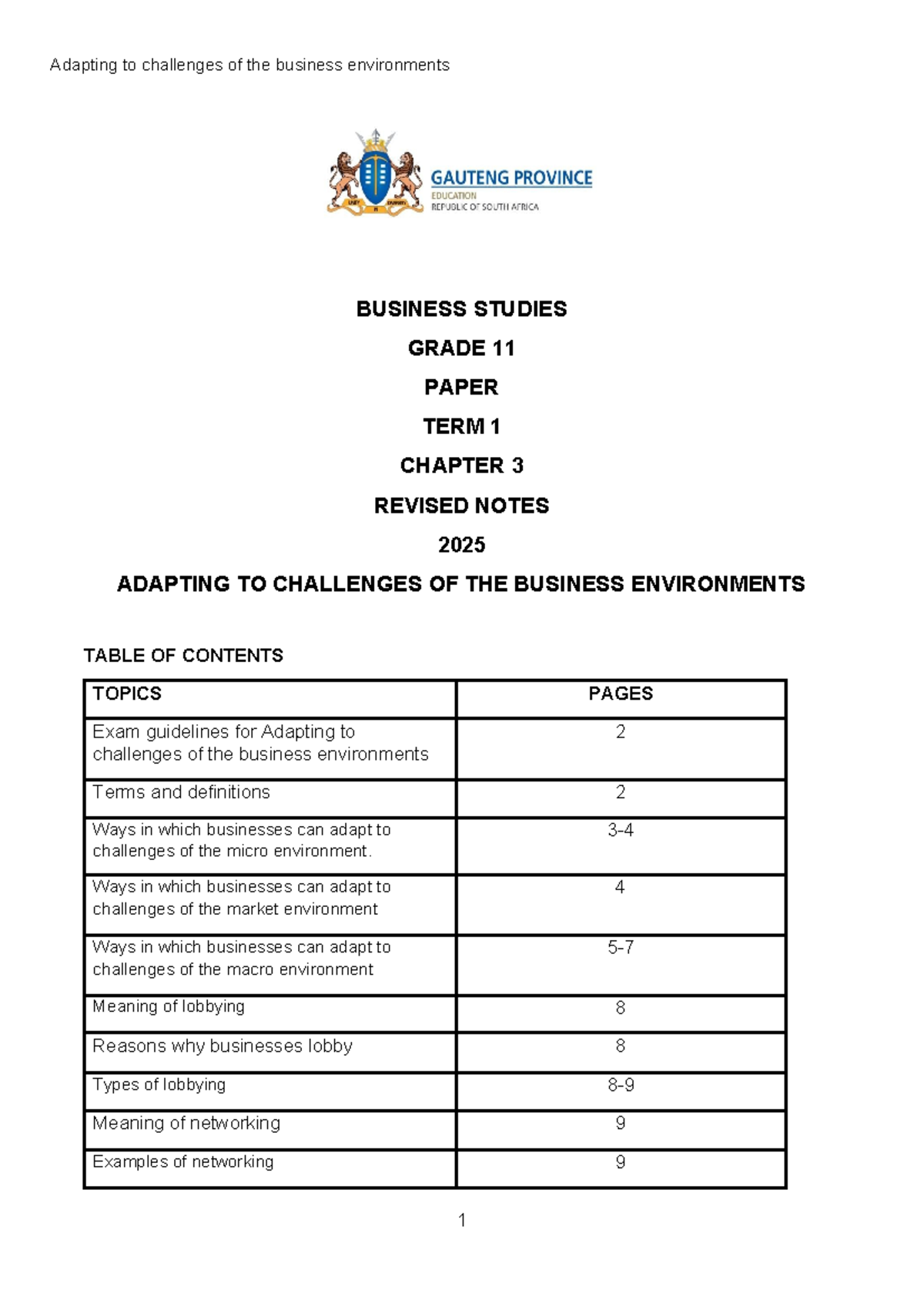 BUSINESS STUDIES GRADE 11 TERM 1 CHAPTER 3 REVISED NOTES: ADAPTING TO ...