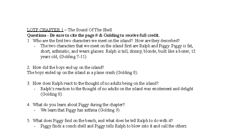 LOTF CHAPTER 1 Study Guide Questions and Answers - Studocu