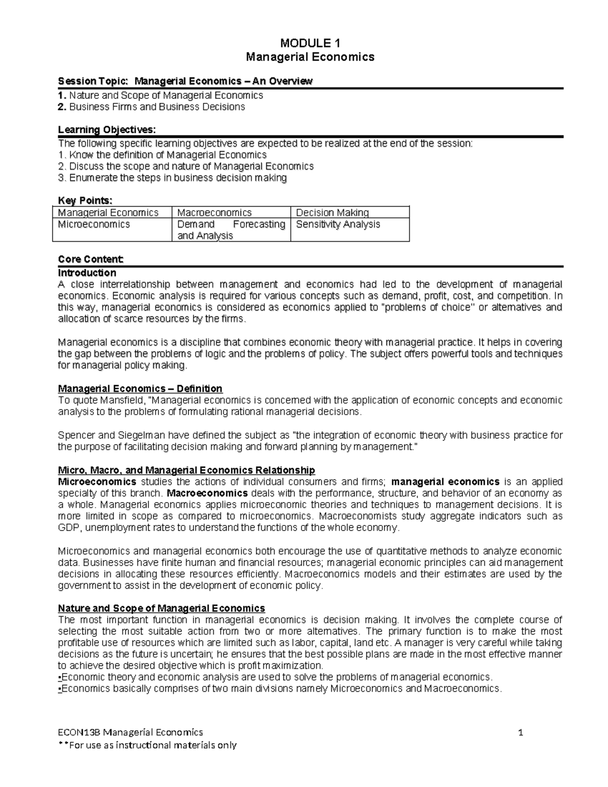 ECON13B Managerial Economics: Overview & Key Concepts - Studocu