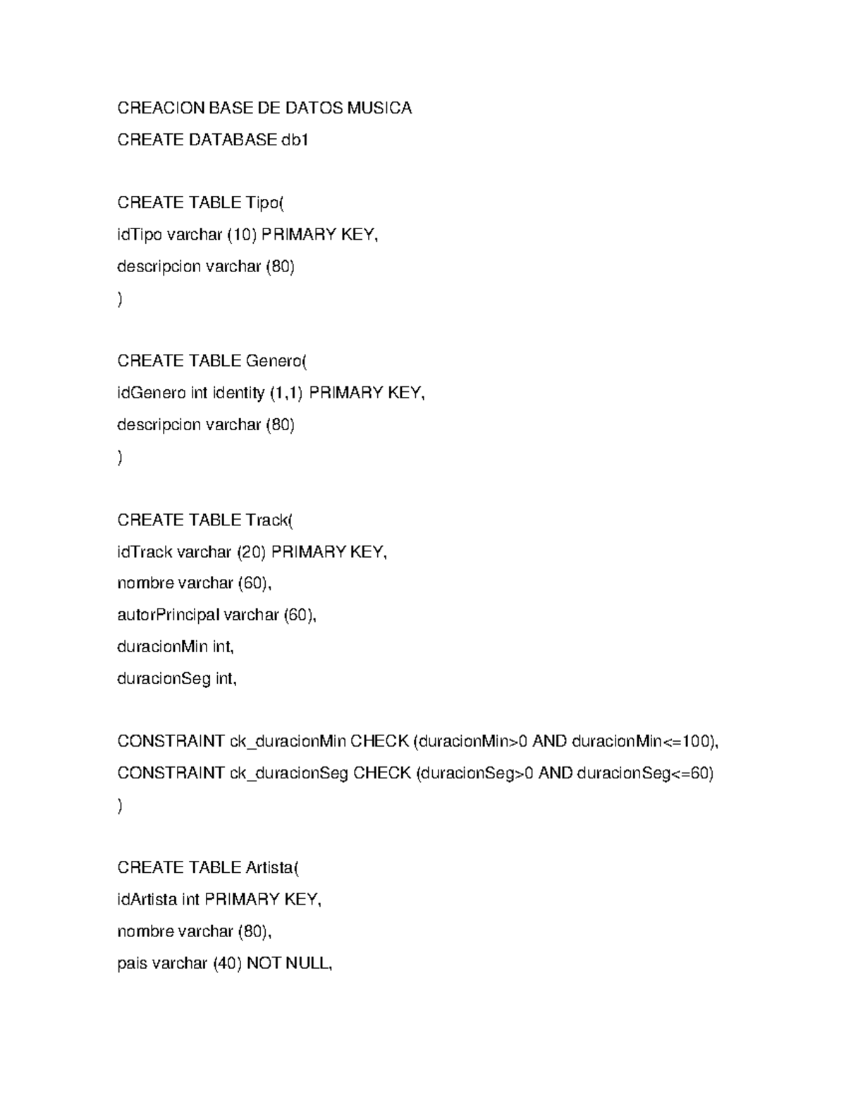 BASE DE Datos 1 Repaso - CREACION BASE DE DATOS MUSICA CREATE DATABASE db CREATE TABLE Tipo ...