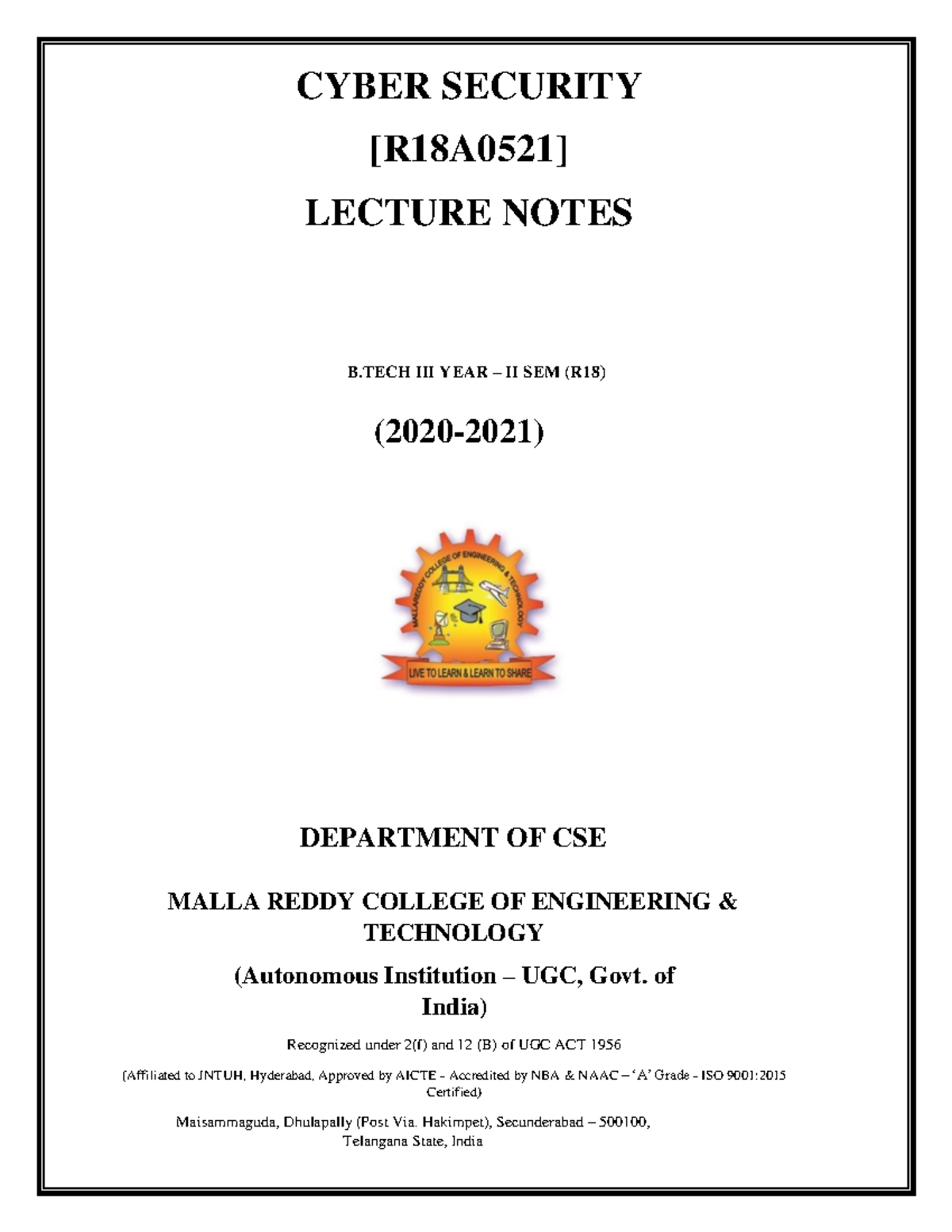 Cyber Security Notes Cyber Security [r18a0521] Lecture Notes B Iii Year Ii Sem R18 2020