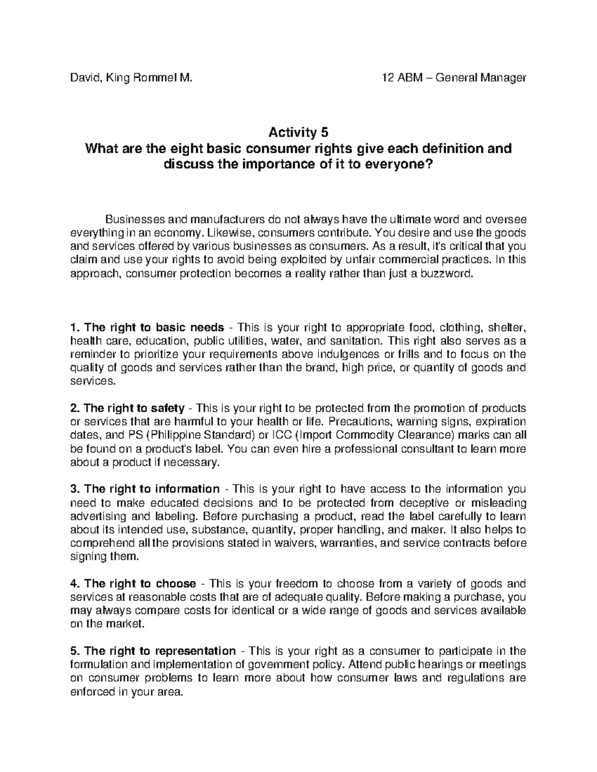 Activity 5 - Understanding the Eight Basic Consumer Rights - Studocu