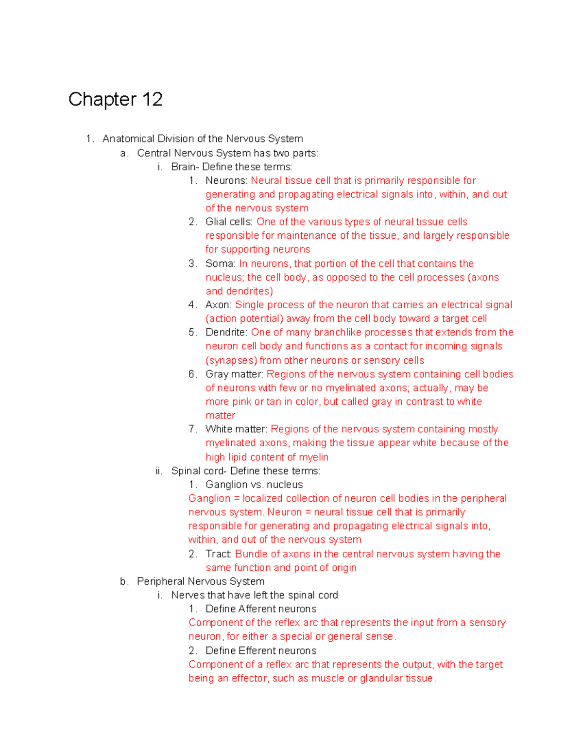 Anatomy Chapter 12: Nervous System Overview and Key Terms Notes - Studocu