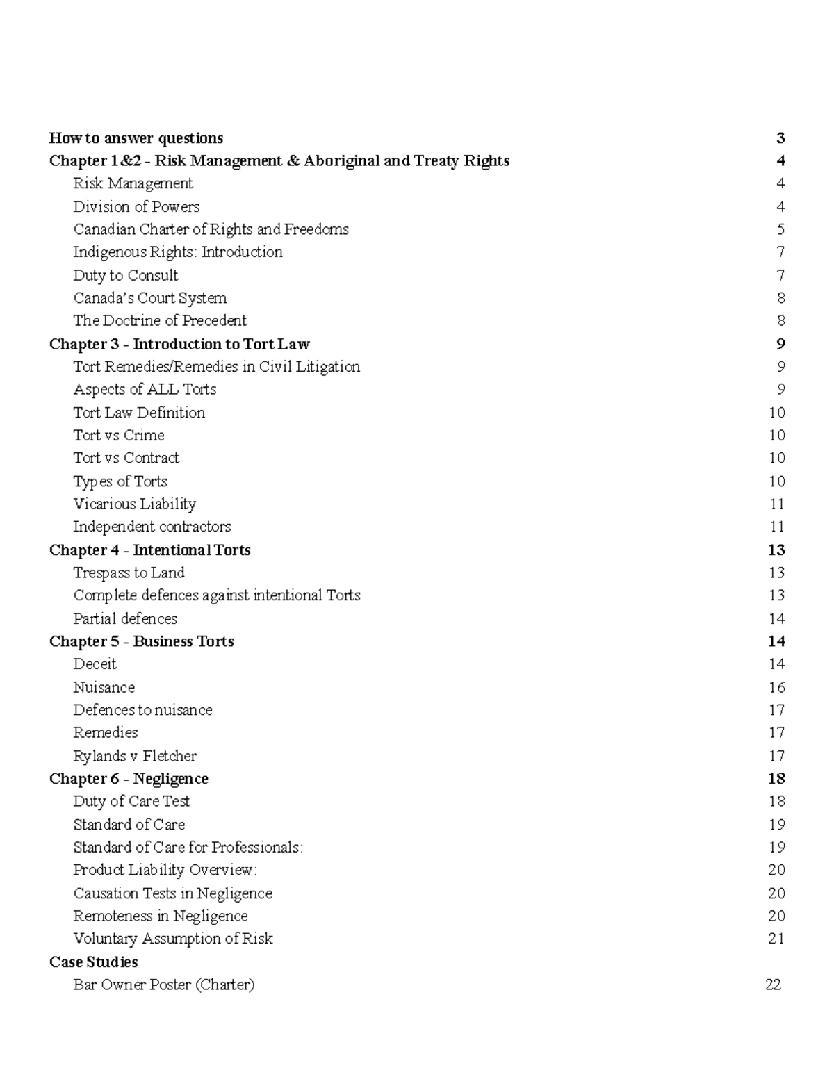 Law 122 Midterm Study Guide: Tort Law, Indigenous Rights, and Risk ...