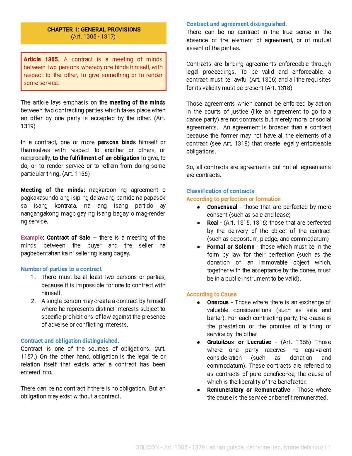 Law on Contracts (4th Year Law, Chapter 1: General Provisions) - Studocu